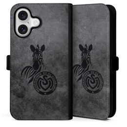 DeinDesign iPhone 16 Handy Klapph&uuml;lle Handyh&uuml;lle aus Kunst Leder schwarz Flip Case Official Licensed Product Msv Duisburg Zebra Sideflip mit Lasche