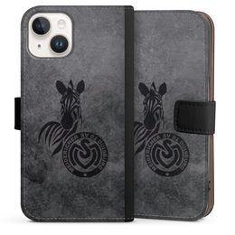 DeinDesign iPhone 14 Handy Klapph&uuml;lle Handyh&uuml;lle aus Kunst Leder schwarz Flip Case Official Licensed Product Msv Duisburg Zebra Sideflip mit Lasche