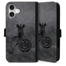 DeinDesign iPhone 16 Plus Handy Klapph&uuml;lle Handyh&uuml;lle aus Kunst Leder schwarz Flip Case Official Licensed Product Msv Duisburg Zebra Sideflip mit Lasche