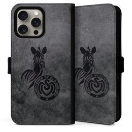 DeinDesign iPhone 16 Pro Handy Klapph&uuml;lle Handyh&uuml;lle aus Kunst Leder schwarz Flip Case Official Licensed Product Msv Duisburg Zebra Sideflip mit Lasche