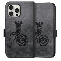 DeinDesign iPhone 15 Pro Max Handy Klapph&uuml;lle Handyh&uuml;lle aus Kunst Leder schwarz Flip Case Official Licensed Product Msv Duisburg Zebra Sideflip mit Lasche