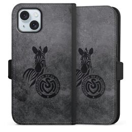 DeinDesign iPhone 15 Handy Klapph&uuml;lle Handyh&uuml;lle aus Kunst Leder schwarz Flip Case Official Licensed Product Msv Duisburg Zebra Sideflip mit Lasche