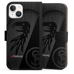 DeinDesign iPhone 14 Handy Klapph&uuml;lle Handyh&uuml;lle aus Kunst Leder schwarz Flip Case Sc Freiburg Metallic Look Official Licensed Product Sideflip mit Lasche