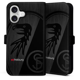 DeinDesign iPhone 16 Handy Klapph&uuml;lle Handyh&uuml;lle aus Kunst Leder schwarz Flip Case Sc Freiburg Metallic Look Official Licensed Product Sideflip mit Lasche