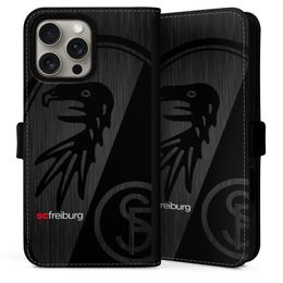 DeinDesign iPhone 16 Pro Handy Klapph&uuml;lle Handyh&uuml;lle aus Kunst Leder schwarz Flip Case Sc Freiburg Metallic Look Official Licensed Product Sideflip mit Lasche