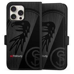 DeinDesign iPhone 15 Pro Max Handy Klapph&uuml;lle Handyh&uuml;lle aus Kunst Leder schwarz Flip Case Sc Freiburg Metallic Look Official Licensed Product Sideflip mit 