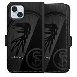 DeinDesign iPhone 15 Handy Klapph&uuml;lle Handyh&uuml;lle aus Kunst Leder schwarz Flip Case Sc Freiburg Metallic Look Official Licensed Product Sideflip mit Lasche