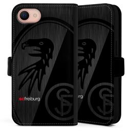 DeinDesign iPhone 16e Handy Klapph&uuml;lle Handyh&uuml;lle aus Kunst Leder schwarz Flip Case Sc Freiburg Metallic Look Official Licensed Product Sideflip mit Lasche