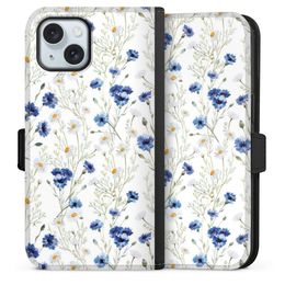 DeinDesign iPhone 15 Handy Klapph&uuml;lle Handyh&uuml;lle aus Kunst Leder schwarz Flip Case Flowers Muster Flower Sideflip mit Lasche