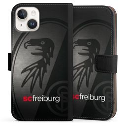DeinDesign iPhone 14 Handy Klapph&uuml;lle Handyh&uuml;lle aus Kunst Leder schwarz Flip Case Official Licensed Product Sc Freiburg Metallic Look Sideflip mit Lasche