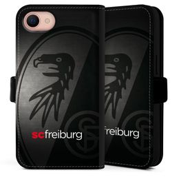 DeinDesign iPhone 16e Handy Klapph&uuml;lle Handyh&uuml;lle aus Kunst Leder schwarz Flip Case Official Licensed Product Sc Freiburg Metallic Look Sideflip mit Lasche