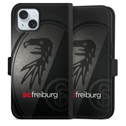 DeinDesign iPhone 15 Handy Klapph&uuml;lle Handyh&uuml;lle aus Kunst Leder schwarz Flip Case Official Licensed Product Sc Freiburg Metallic Look Sideflip mit Lasche