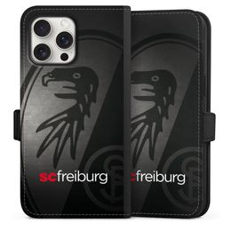 DeinDesign iPhone 15 Pro Max Handy Klapph&uuml;lle Handyh&uuml;lle aus Kunst Leder schwarz Flip Case Official Licensed Product Sc Freiburg Metallic Look Sideflip mit 