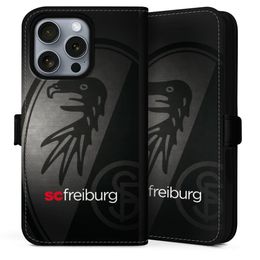 DeinDesign iPhone 16 Pro Max Handy Klapph&uuml;lle Handyh&uuml;lle aus Kunst Leder schwarz Flip Case Official Licensed Product Sc Freiburg Metallic Look Sideflip mit 