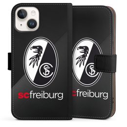 DeinDesign iPhone 14 Handy Klapph&uuml;lle Handyh&uuml;lle aus Kunst Leder schwarz Flip Case Sc Freiburg Lettering Logo Sideflip mit Lasche
