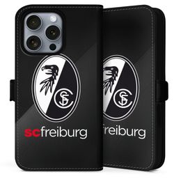 DeinDesign iPhone 16 Pro Max Handy Klapph&uuml;lle Handyh&uuml;lle aus Kunst Leder schwarz Flip Case Sc Freiburg Lettering Logo Sideflip mit Lasche