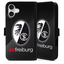 DeinDesign iPhone 16 Plus Handy Klapph&uuml;lle Handyh&uuml;lle aus Kunst Leder schwarz Flip Case Sc Freiburg Lettering Logo Sideflip mit Lasche