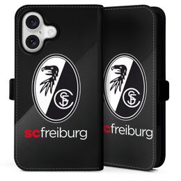 DeinDesign iPhone 16 Handy Klapph&uuml;lle Handyh&uuml;lle aus Kunst Leder schwarz Flip Case Sc Freiburg Lettering Logo Sideflip mit Lasche