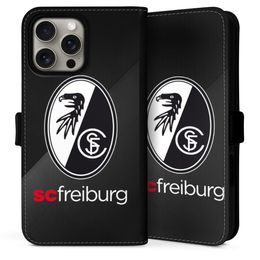 DeinDesign iPhone 16 Pro Handy Klapph&uuml;lle Handyh&uuml;lle aus Kunst Leder schwarz Flip Case Sc Freiburg Lettering Logo Sideflip mit Lasche