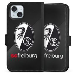 DeinDesign iPhone 15 Handy Klapph&uuml;lle Handyh&uuml;lle aus Kunst Leder schwarz Flip Case Sc Freiburg Lettering Logo Sideflip mit Lasche