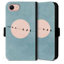 DeinDesign iPhone 16e Handy Klapph&uuml;lle Handyh&uuml;lle aus Kunst Leder schwarz Flip Case Bird Turquoise Moon Sideflip mit Lasche