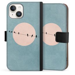 DeinDesign iPhone 14 Handy Klapph&uuml;lle Handyh&uuml;lle aus Kunst Leder schwarz Flip Case Bird Turquoise Moon Sideflip mit Lasche