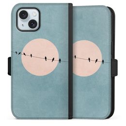 DeinDesign iPhone 15 Handy Klapph&uuml;lle Handyh&uuml;lle aus Kunst Leder schwarz Flip Case Bird Turquoise Moon Sideflip mit Lasche