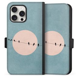 DeinDesign iPhone 15 Pro Max Handy Klapph&uuml;lle Handyh&uuml;lle aus Kunst Leder schwarz Flip Case Bird Turquoise Moon Sideflip mit Lasche