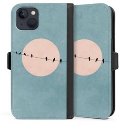 DeinDesign iPhone 13 Handy Klapph&uuml;lle Handyh&uuml;lle aus Kunst Leder schwarz Flip Case Bird Turquoise Moon Sideflip mit Lasche