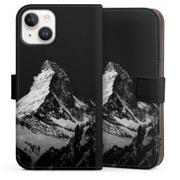 DeinDesign iPhone 14 Handy Klapph&uuml;lle Handyh&uuml;lle aus Kunst Leder schwarz Flip Case Mountain Snow Mountain Top Sideflip mit Lasche