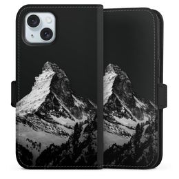 DeinDesign iPhone 15 Handy Klapph&uuml;lle Handyh&uuml;lle aus Kunst Leder schwarz Flip Case Mountain Snow Mountain Top Sideflip mit Lasche