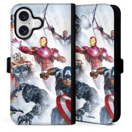 DeinDesign iPhone 16 Handy Klapph&uuml;lle Handyh&uuml;lle aus Kunst Leder schwarz Flip Case Marvel Avengers Official Licensed Product Sideflip mit Lasche