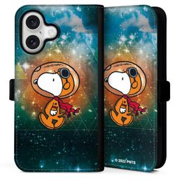 DeinDesign iPhone 16 Handy Klapph&uuml;lle Handyh&uuml;lle aus Kunst Leder schwarz Flip Case Official Licensed Product Snoopy Astronaut Sideflip mit Lasche