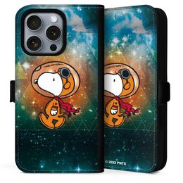 DeinDesign iPhone 16 Pro Max Handy Klapph&uuml;lle Handyh&uuml;lle aus Kunst Leder schwarz Flip Case Official Licensed Product Snoopy Astronaut Sideflip mit Lasche