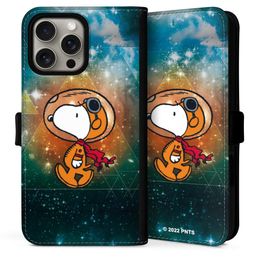DeinDesign iPhone 16 Pro Handy Klapph&uuml;lle Handyh&uuml;lle aus Kunst Leder schwarz Flip Case Official Licensed Product Snoopy Astronaut Sideflip mit Lasche