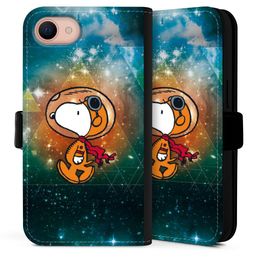 DeinDesign iPhone 16e Handy Klapph&uuml;lle Handyh&uuml;lle aus Kunst Leder schwarz Flip Case Official Licensed Product Snoopy Astronaut Sideflip mit Lasche