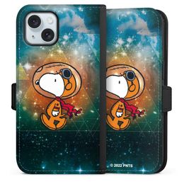 DeinDesign iPhone 15 Handy Klapph&uuml;lle Handyh&uuml;lle aus Kunst Leder schwarz Flip Case Official Licensed Product Snoopy Astronaut Sideflip mit Lasche