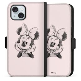 DeinDesign iPhone 15 Handy Klapph&uuml;lle Handyh&uuml;lle aus Kunst Leder schwarz Flip Case Official Licensed Product Disney Minnie Mouse Sideflip mit Lasche