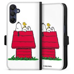 DeinDesign Galaxy A15 Handy Klapph&uuml;lle Handyh&uuml;lle aus Kunst Leder schwarz Flip Case Snoopy Peanuts Official Licensed Product Sideflip mit Lasche