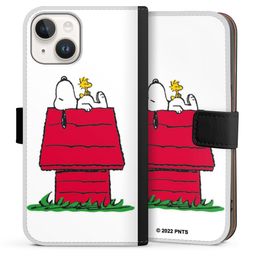 DeinDesign iPhone 14 Handy Klapph&uuml;lle Handyh&uuml;lle aus Kunst Leder schwarz Flip Case Snoopy Peanuts Official Licensed Product Sideflip mit Lasche