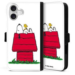 DeinDesign iPhone 16 Plus Handy Klapph&uuml;lle Handyh&uuml;lle aus Kunst Leder schwarz Flip Case Snoopy Peanuts Official Licensed Product Sideflip mit Lasche