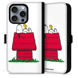 DeinDesign iPhone 16 Pro Max Handy Klapph&uuml;lle Handyh&uuml;lle aus Kunst Leder schwarz Flip Case Snoopy Peanuts Official Licensed Product Sideflip mit Lasche