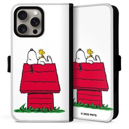 DeinDesign iPhone 16 Pro Handy Klapph&uuml;lle Handyh&uuml;lle aus Kunst Leder schwarz Flip Case Snoopy Peanuts Official Licensed Product Sideflip mit Lasche