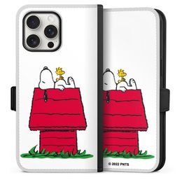 DeinDesign iPhone 15 Pro Max Handy Klapph&uuml;lle Handyh&uuml;lle aus Kunst Leder schwarz Flip Case Snoopy Peanuts Official Licensed Product Sideflip mit Lasche