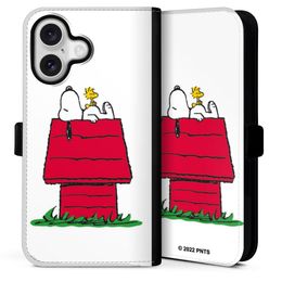 DeinDesign iPhone 16 Handy Klapph&uuml;lle Handyh&uuml;lle aus Kunst Leder schwarz Flip Case Snoopy Peanuts Official Licensed Product Sideflip mit Lasche