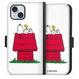 DeinDesign iPhone 15 Handy Klapph&uuml;lle Handyh&uuml;lle aus Kunst Leder schwarz Flip Case Snoopy Peanuts Official Licensed Product Sideflip mit Lasche