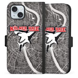 DeinDesign iPhone 15 Handy Klapph&uuml;lle Handyh&uuml;lle aus Kunst Leder schwarz Flip Case K&ouml;lner Haie Ice Hockey Official Licensed Product Sideflip mit Lasche