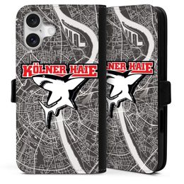 DeinDesign iPhone 16 Plus Handy Klapph&uuml;lle Handyh&uuml;lle aus Kunst Leder schwarz Flip Case K&ouml;lner Haie Ice Hockey Official Licensed Product Sideflip mit Lasche