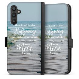 DeinDesign Galaxy A34 5G Handy Klapph&uuml;lle Handyh&uuml;lle aus Kunst Leder schwarz Flip Case Statement Beach Spruch Sideflip mit Lasche