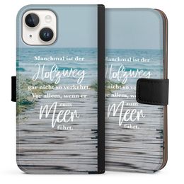 DeinDesign iPhone 14 Handy Klapph&uuml;lle Handyh&uuml;lle aus Kunst Leder schwarz Flip Case Statement Beach Spruch Sideflip mit Lasche